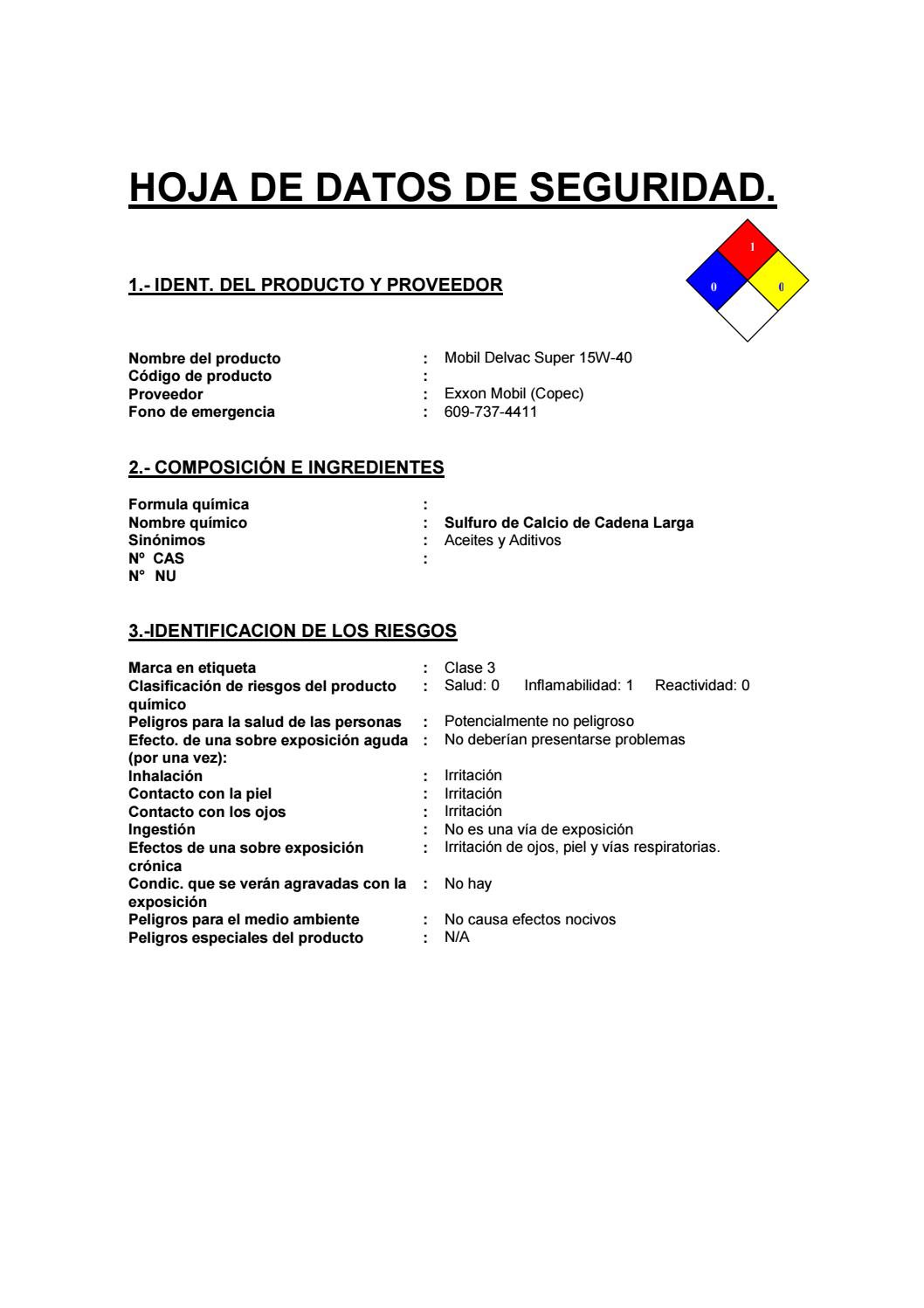 Hoja de datos de seguridad aceite 15w40 mobil 】 - El mundo del motor